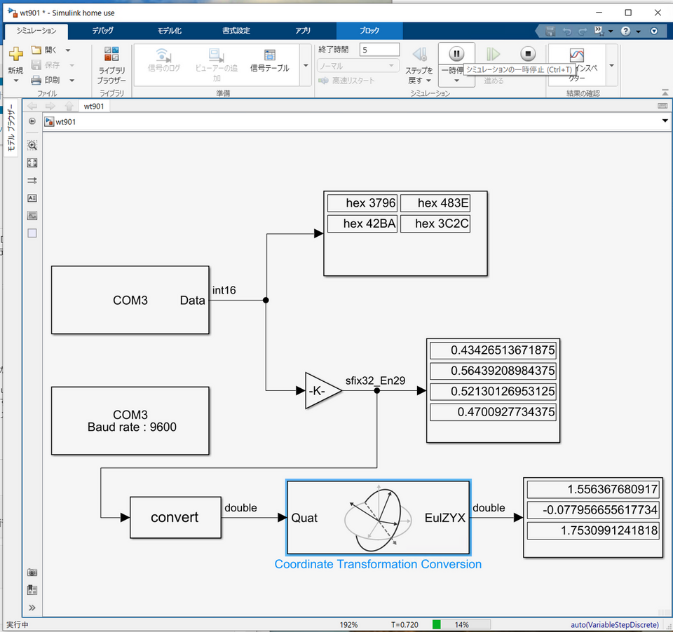 IMU WT901からUARTでデータ取得④オイラー角 - Matlab